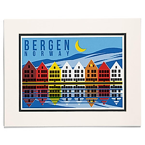 Lantern Press 11x14 Inch Matted Art Print Wall Decor, Bergen, Norway, Colorful Houses