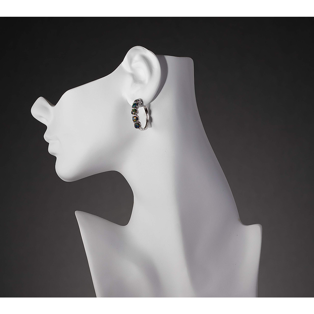 Peora Created Black Fire Opal Hoop Earrings in Sterling Silver, 2.50 Carats total Round Shape, Hypoallergenic, 1 inch Diameter, Patented Click Lock