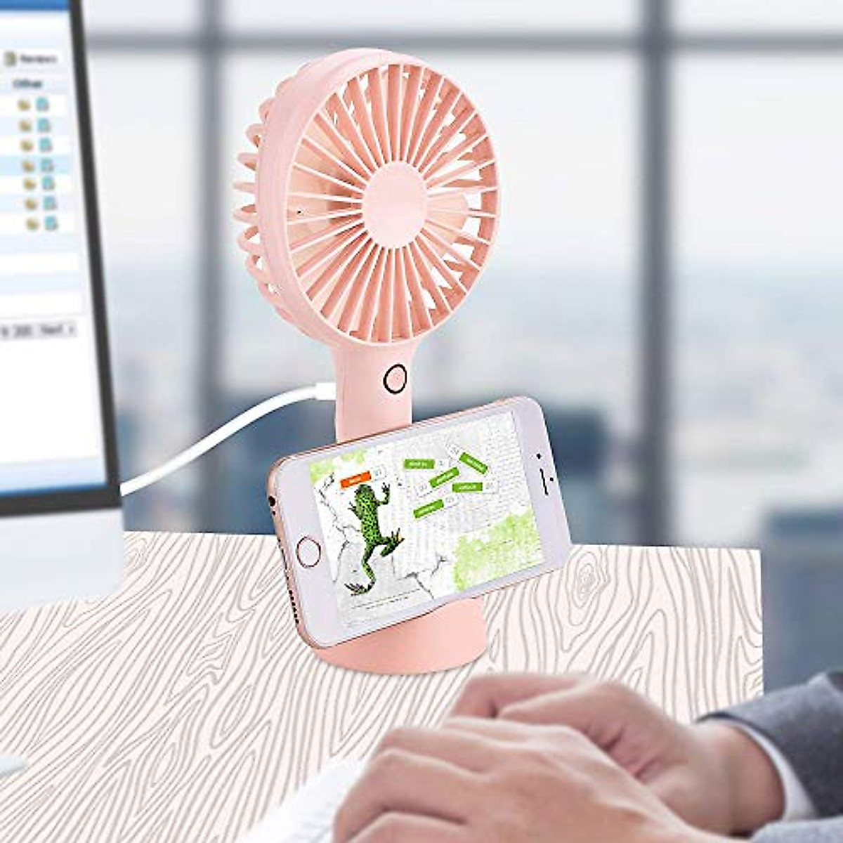 YIHUNION Mini Handheld Fan Portable, Hand held Personal Fan Rechargeable Battery Operated Powered Cooling Desktop Electric USB Fan with Fan Stand, 2500mAh Battery 4 Modes for Home Travel Outdoor（Pink）