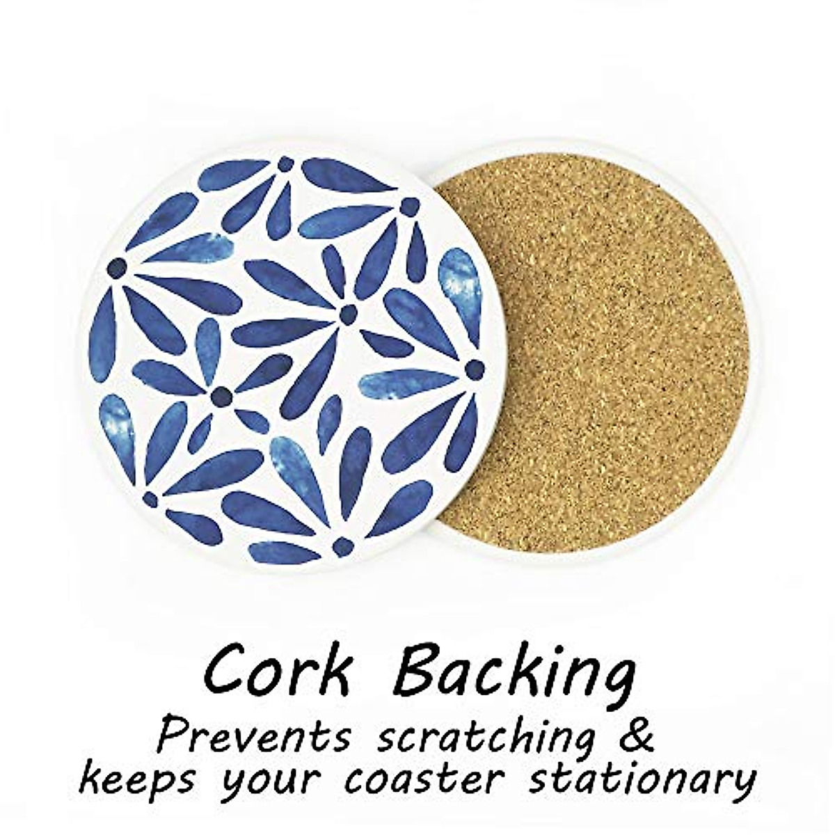 AD Set of 6 Coasters for Drinks Absorbing Round Ceramic Stone Coaster with Cork Base,Tabletop Protection Mat for Mugs and Cups,Office,Kitchen (Indigo Blue)