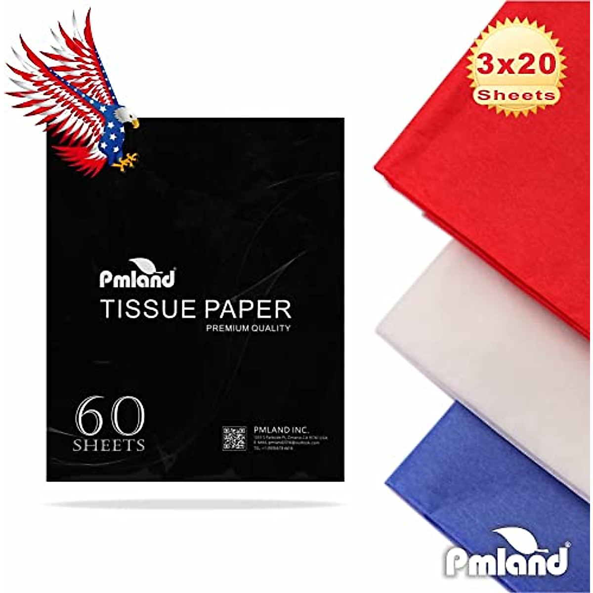 PMLAND Premium Quality Gift Wrapping Paper - Patriotic Red Blue White Assorted - 20 Inches x 26 Inches 60 Sheets