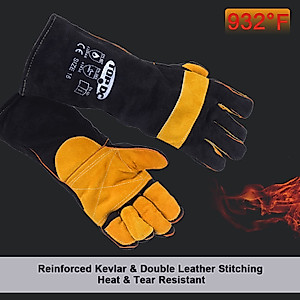 TOPDC Welding Gloves 16 Inches 932℉ Fire/Heat Resistant Leather Welding Gloves For Mig, Tig, Stick, Forge, BBQ, Grill, Fireplace, Wood Stove, Furnace, Oven, Animal Handling for Safe, Loving Pet Care