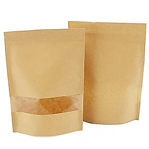 HOZEON 200 Pack 7 x 10 Inch Kraft Stand Up Pouches, Kraft Stand Up Zip Lock Pouch Bags with with Clear Window and Tear Notch, Resealable Kraft Stand Up Bags for Dry Food Nut Candy Snack Grain Storage