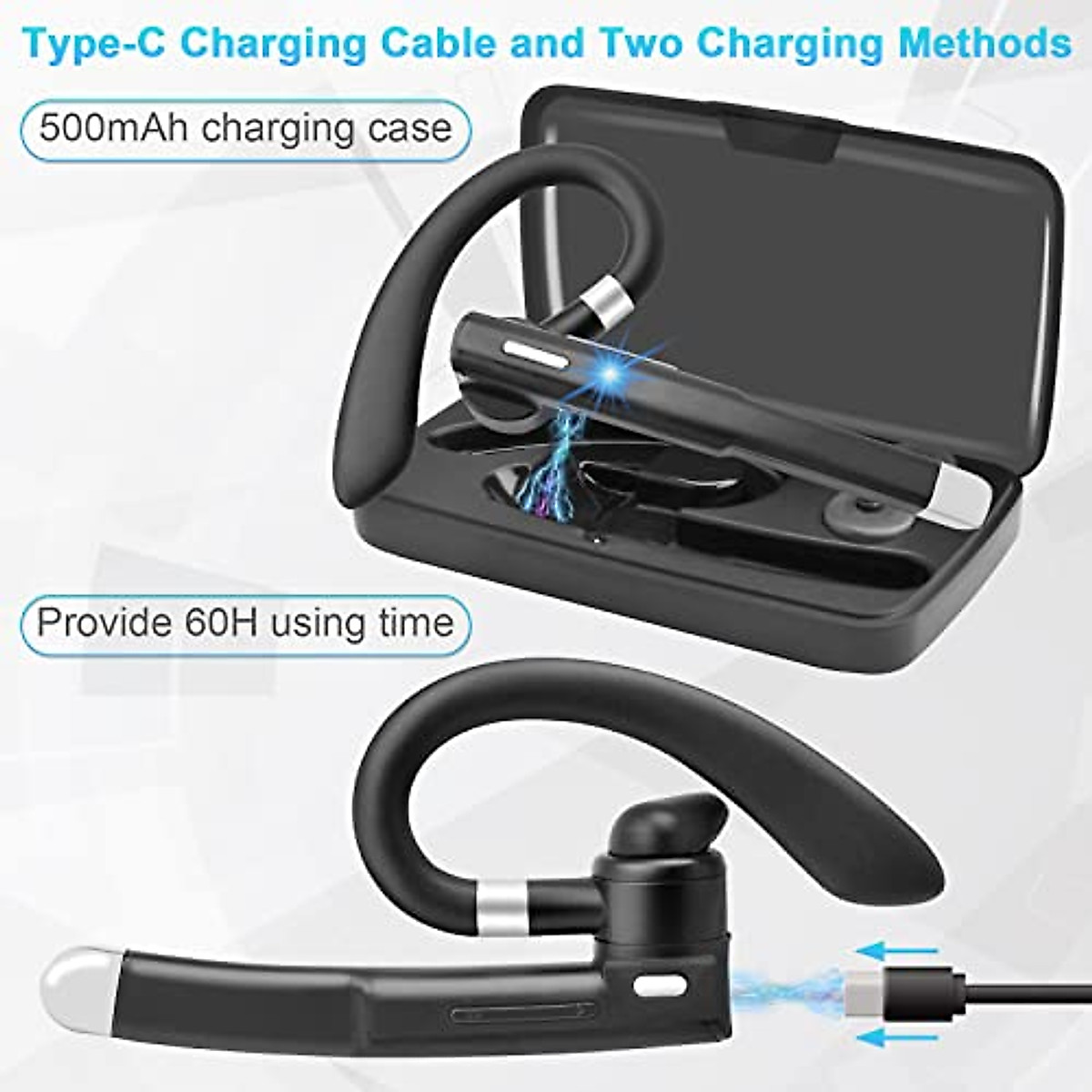 Daakro Bluetooth Headset with 500mAh Charging Case, Wireless Bluetooth Earpiece V5.1, Built-in Dual Mic Noise Cancelling 48H Playtime for Driving Business Office Compatible with Android/iOS/Laptop