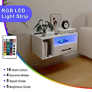 Homaterial Floating Nightstand with Charging Station and LED Lights, Floating Bedside Table with Drawers Wall Mounted Nightstands,for Bedroom Room, 21.3" x 11.8" x 10",White