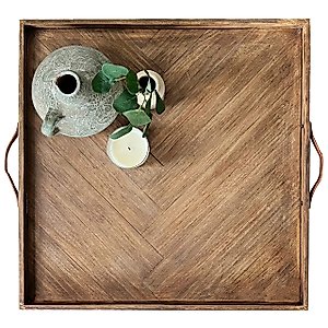 LUIYO Large Ottoman Wood Tray- with Leather Handle Decorative Wooden 24 x 24 x1.5 Inches Square Serving Tray Best for Coffee Table, Living Room and Kitchen (Large 24 * 24)