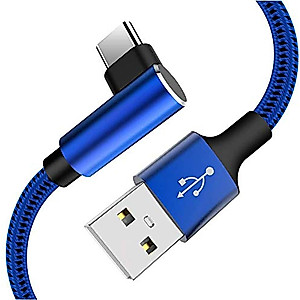 Extra Long Right Angle USB Type C Cable (2 Pack 10FT) Fast Charger USB A to USB C Cord for Samsung Galaxy S22 Ultra S21 Plus S20 FE S10 Note 20 Ultra Note 10 Plus A13 A12 A32 A52, Google 6 Pro (Blue)