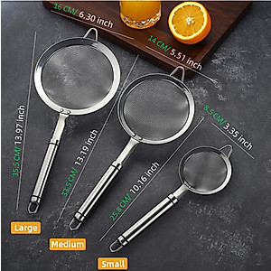 Adjaso 3.3inch 304 Stainless Steel Fine Mesh Strainer for Kitchen, Colander-Skimmer with Handle, Metal Sieves Sifters