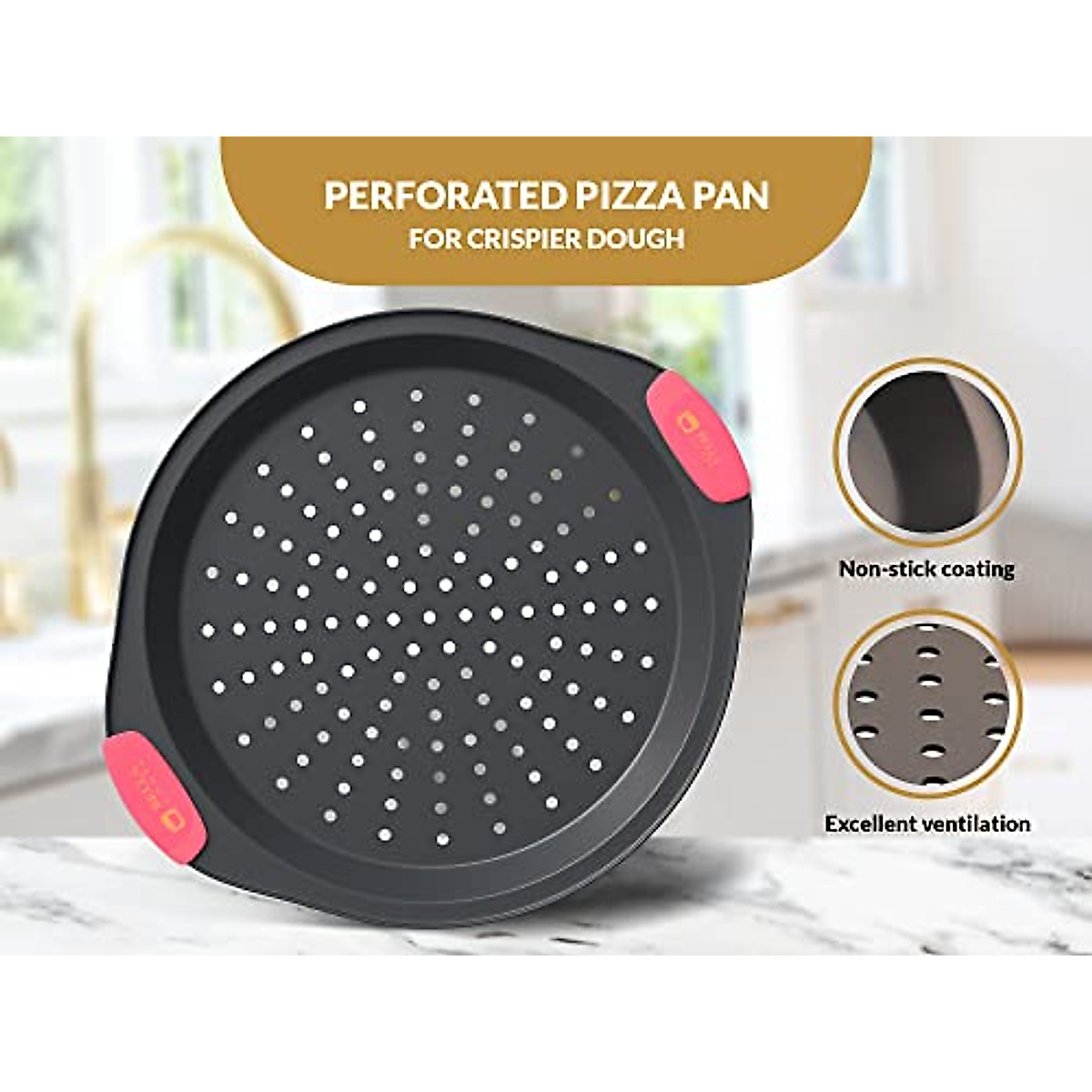 Bella Cooks Pizza Pan for Oven (Set of 2 Pizza Pans) 15″ Pizza Pan with Holes - Non-Stick & Dishwasher Safe - Pizza Tray for Oven - Incl. Pizza Cu