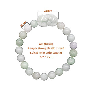 Fengshui Wealth Prosperity White Real Jade Bracelet For Women Men 10mm Bead with Pi Xiu/Pi Yao Attract Wealth and Good Luck Light Green