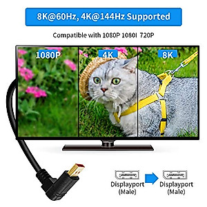 BolAAzuL Right Angle Displayport 1.4 Cable Upward Angled Displayport Cable, 90-Degree Angled Displayport Cable V1.4 6FT/1.8M up to 8K/60Hz, 4K/144Hz Supported