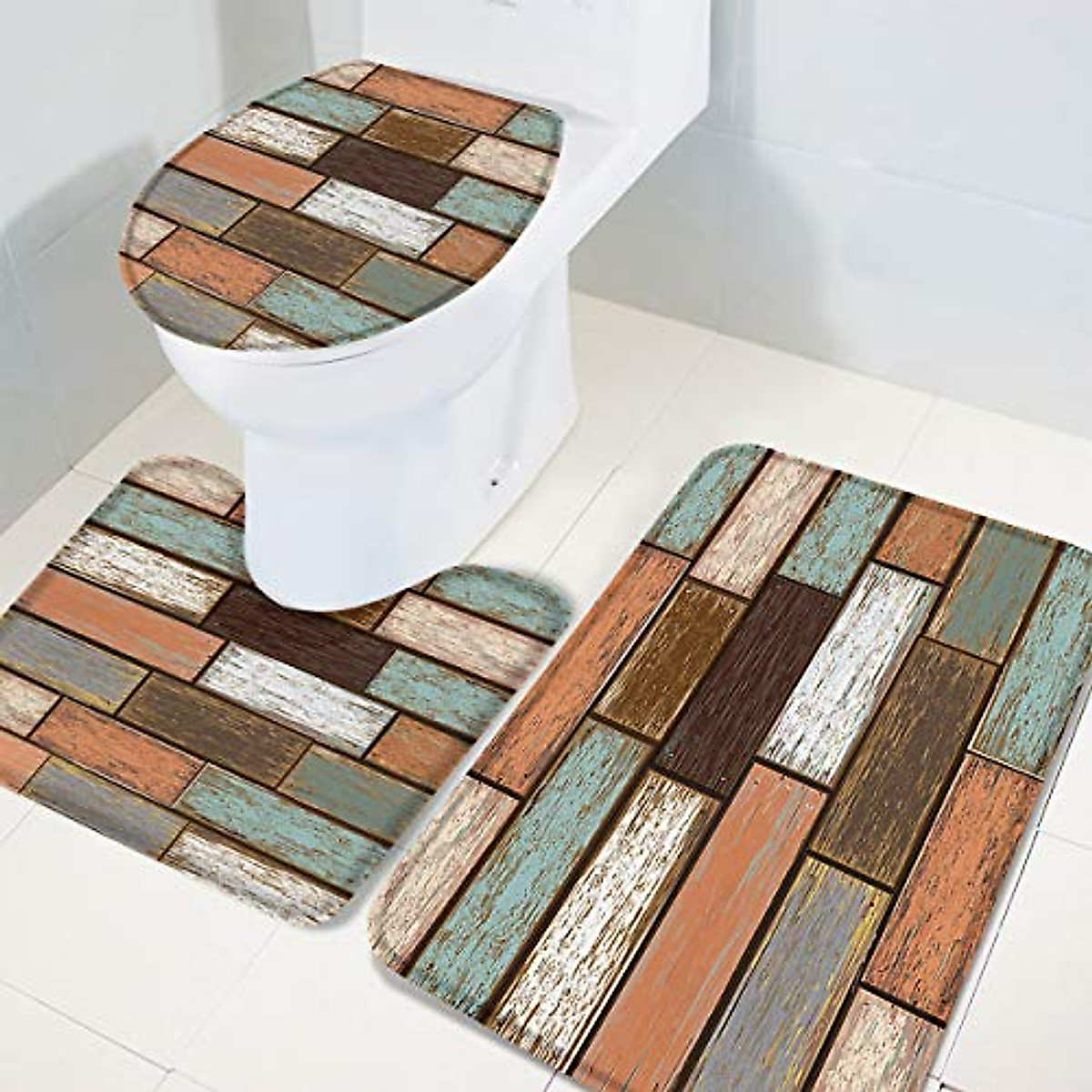 3 Piece Bath Rugs Sets Retro Wood Grain Non Slip Bathroom Carpet Multicolor Old Board Absorbent U-Shaped Toilet Mat, Toilet Lid Cover