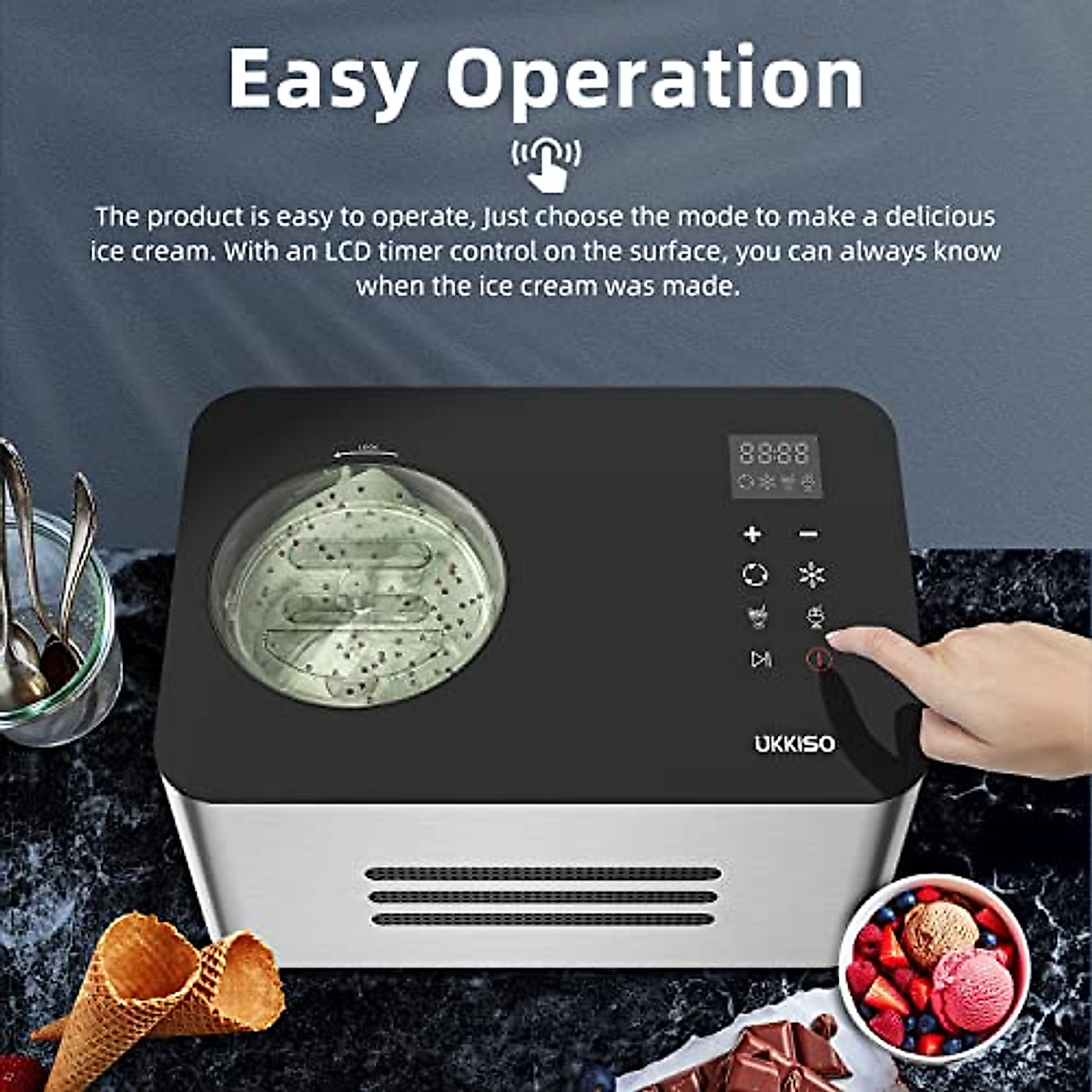Ice Cream Maker, UKKISO 1.5 Quart Automatic Electronic Gelato Maker with 4 Operation Modes, Built-In Compressor, Portable Homemade Dessert Maker with Spoon, Ice Cream Machine for Home