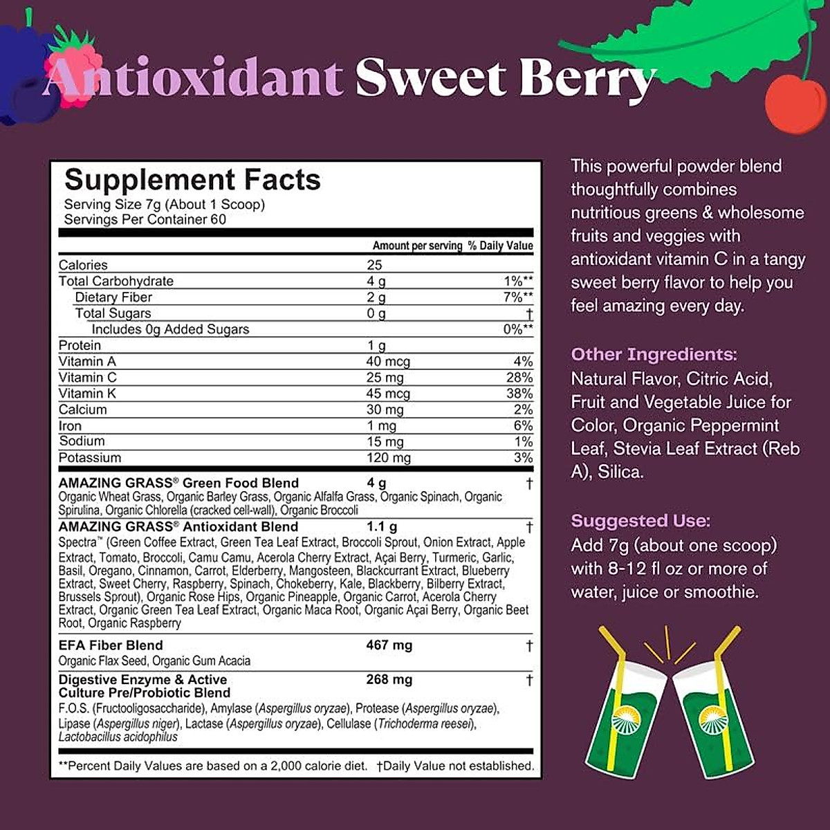 Amazing Grass Greens Blend Antioxidant: Super Greens Powder Smoothie Mix with Organic Spirulina, Beet Root Powder, Elderberry & Probiotics, Sweet Berry, 60 Servings (Packaging May Vary)
