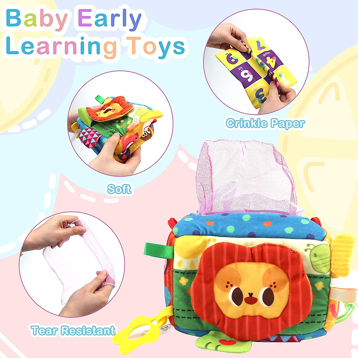 Charmspal Baby Tissue Box Toy - Sensory Tissue Box Toy for Baby Push Pull Toy Toddler Preschool Early Education Learning Musical Toy Newborn Travel Toy for Boys and Girls Present