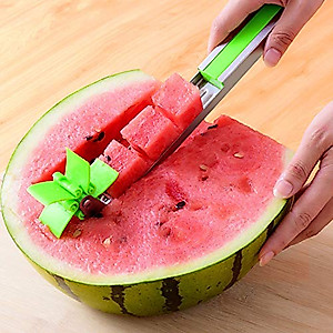 Watermelon slicer cutter Windmill Auto Stainless Steel Melon Cuber Knife Corer Fruit Vegetable Tools Kitchen Gadgets (Green)