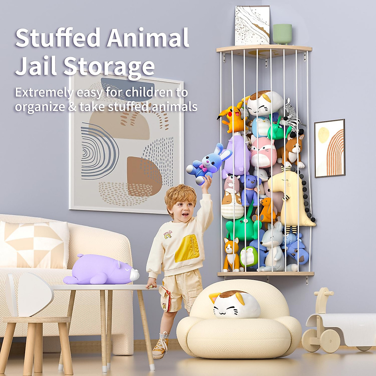 Zayysoha Stuffed Animal Storage Wood Soft Toy Shelf with Adjustable Length Large Corner Plush Toys Holder Nursery Hanging Organizer with Moon Zoo Pattern for Nursery PlayRoom Bedroom KidRoom