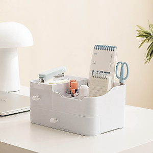 HBlife Plastic Makeup Organizer for Vanity with 2 Drawers Large Skincare Organizers 8 Compartments Bathroom Organizer Cosmetic Storage, White