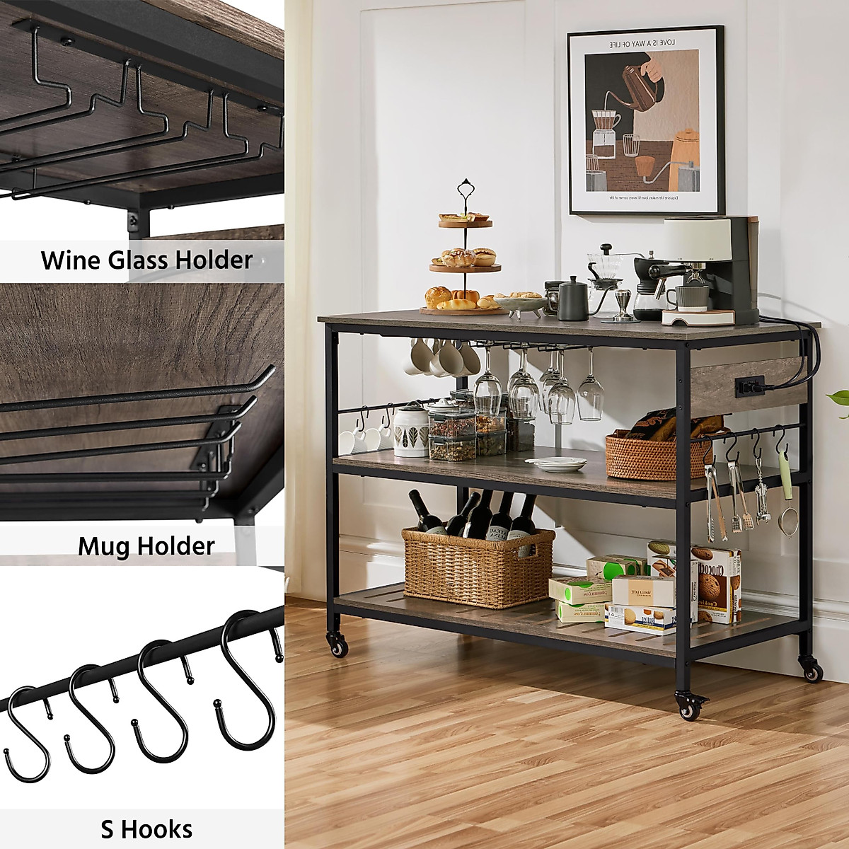 Yaheetech Kitchen Cart with Power Outlet, Rolling Kitchen Island on Wheels with Glass Holder & Hooks, Utility Trolley Cart Coffee Bar Microwave Stand Cart with Lockable Casters, Taupe Wood