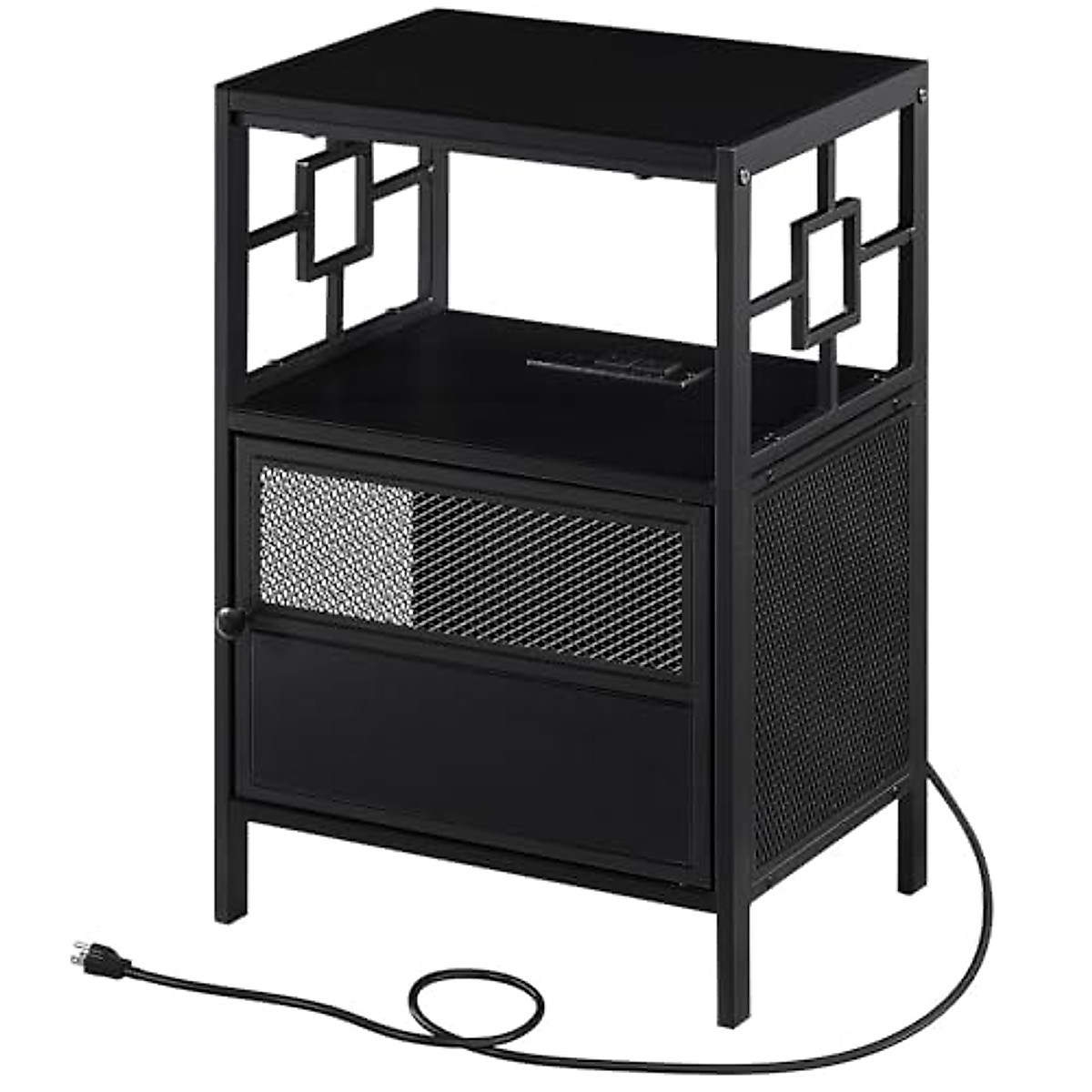 MNEETRUNG End Table with Charging Station, Side Table with USB Ports and Outlets, Bedside Tables with Door, 3-Tier Nightstand for Small Space, Living Room, Bedroom, Black