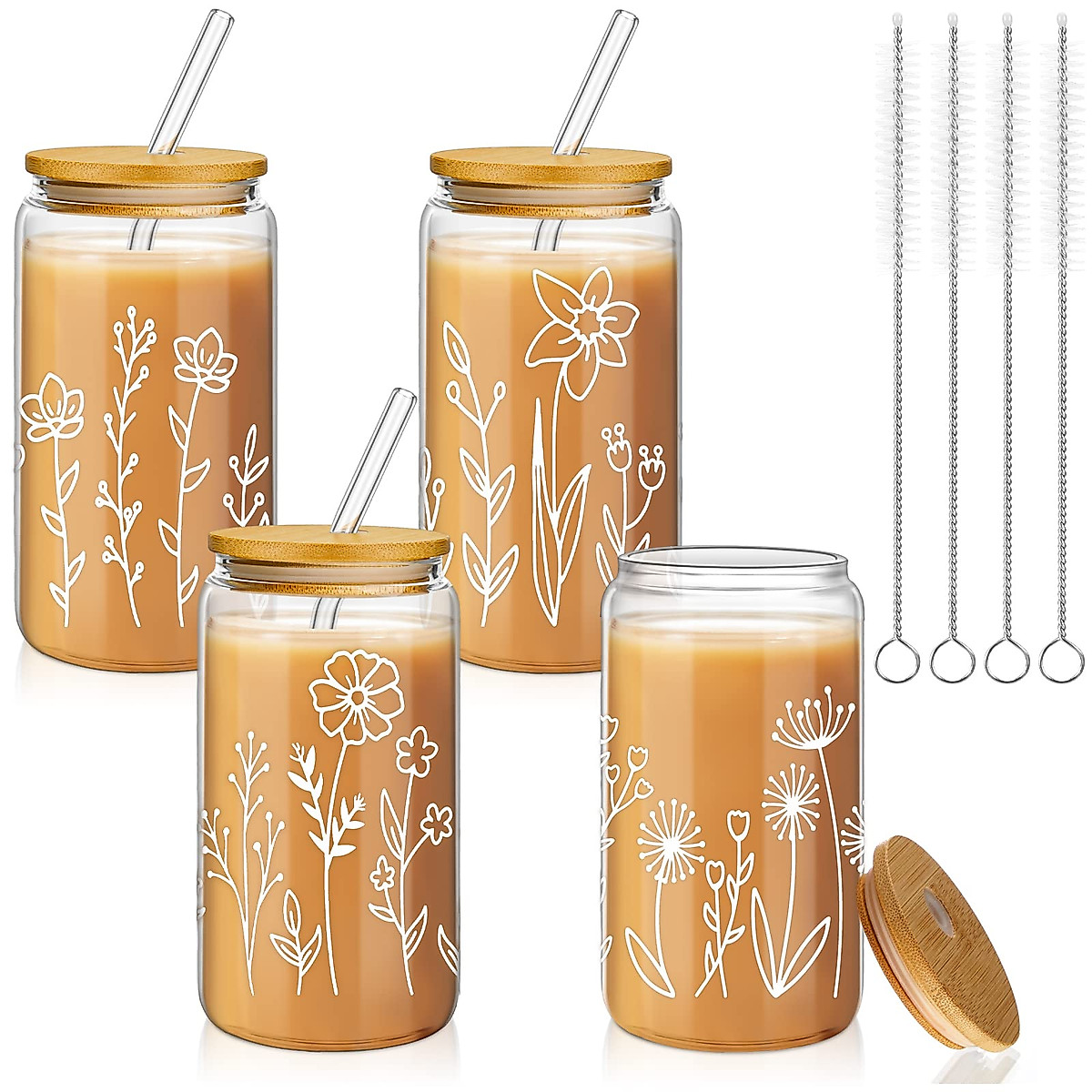 Mumufy 4 Pack Gift for Women Cute Glass Cups,aesthetic Iced Coffee Cup 16 oz Glass with Bamboo Lid and Straw Flower Coffee Mugs Birthday Gift for Friend Sister Her Bridesmaid Stuff Christmas(Clear)