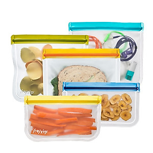 rezip 5-Piece Flat Lunch Reusable BPA-Free Food Grade Storage Bag Kit, Leakproof, Freezer Safe, Dishwasher Safe, Travel Friendly, (3) Lunch (3.5-Cup/28-Ounce), (2) Snack 1-Cup/8-Ounce, (Multicolor)