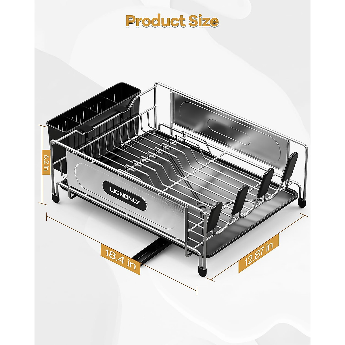 LIONONLY Dish Drying Rack, Dish Racks for Kitchen Counter, 304 Stainless Steel Dish Drainer Drainboard Set with Smart Drainage, 360° Adjustable Spout, Utensil Holder and Cup Holder,Black