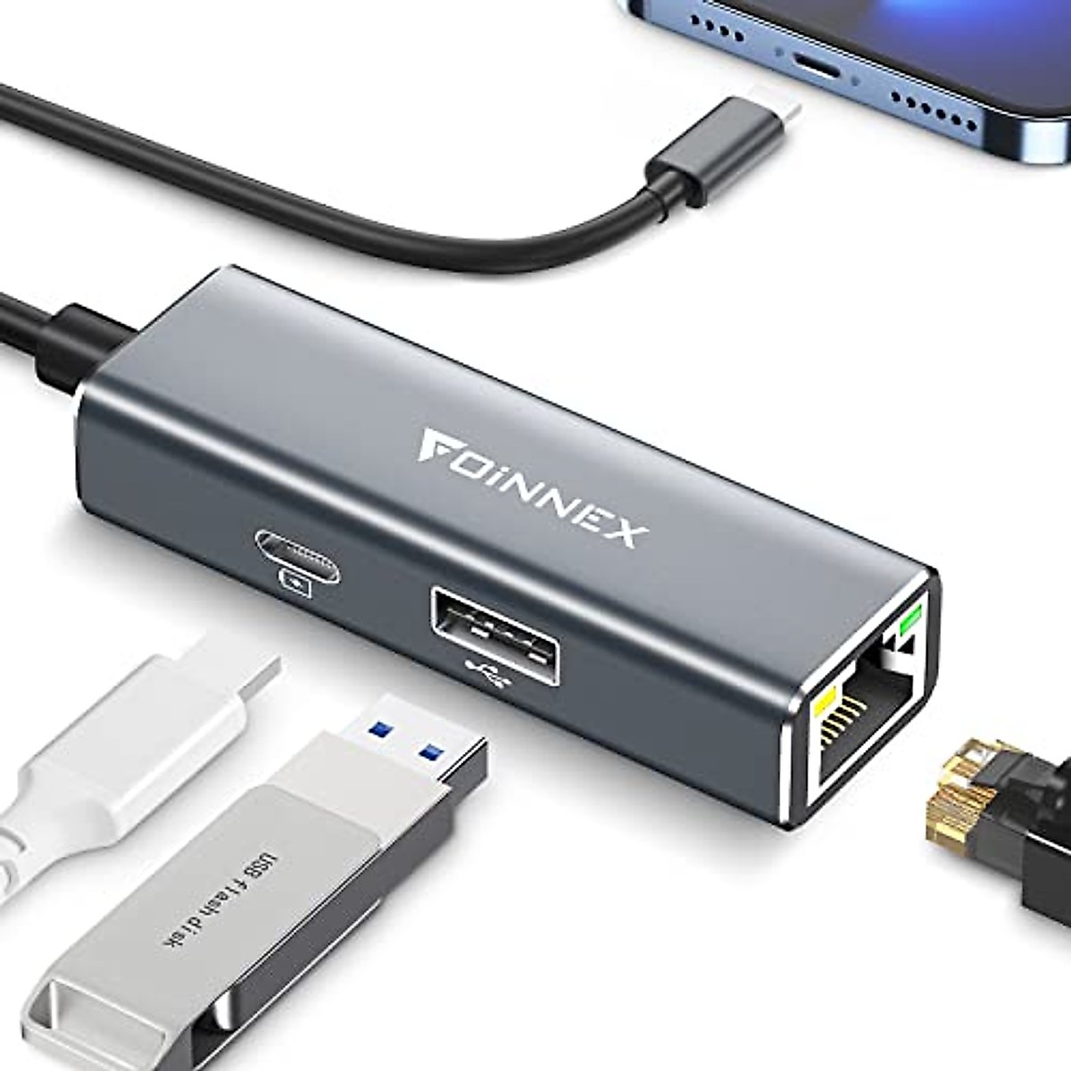 FOINNEX Lighting to Ethernet Adapter, 3 in 1 RJ45 Connector, Apple LAN Network Adapter with USB OTG and Charge Port, Plug and Play with100 Mbps Network Compatible with iPhone/iPad/iPod (1.6FT)