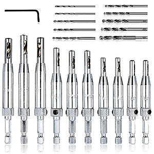 21 pcs Center Drill Bit Set, AFUNTA Self Centering Hinge Tapper Core Hole Puncher 5/64'' 7/64'' 9/64'' 11/64'' 13/64'' 5mm 1/4'' & 1 Pcs Hex Key & 10 Pcs Replacement Drill Bits