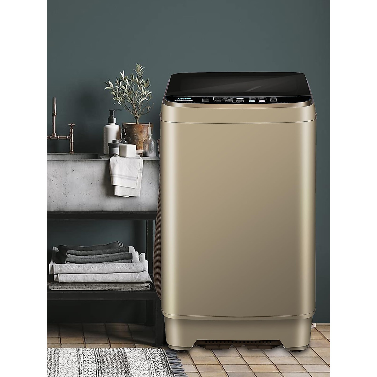 KRIB BLING Full Automatic Washing Machine 25lbs Compact Portable Washing Machine with LED Display, Drain Dump, 10 Wash Programs and 8 Water Levels Ideal for Dorms, Apartments, RV, Gold