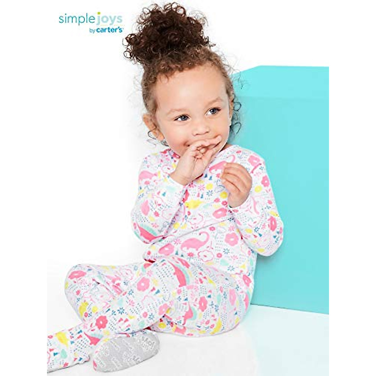 Simple Joys by Carter's Girls' 3-Pack Snug Fit Footed Cotton Pajamas, Navy Space/White Dinosaur/Yellow Dots, 4T