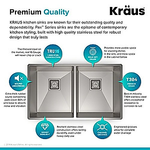 KRAUS Pax 31 1/2-inch 16 Gauge Undermount 50/50 Double Bowl Stainless Steel Kitchen Sink, KHU322