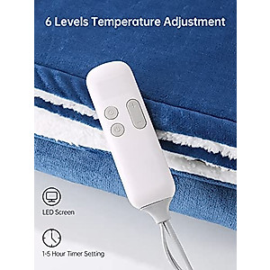 Electric Blanket 50" x 60" Heated Throw Flannel & Sherpa Fast Heating Blanket with 6 Heating Levels & 5 Hours Auto Off, Home Office Use, Blue & White