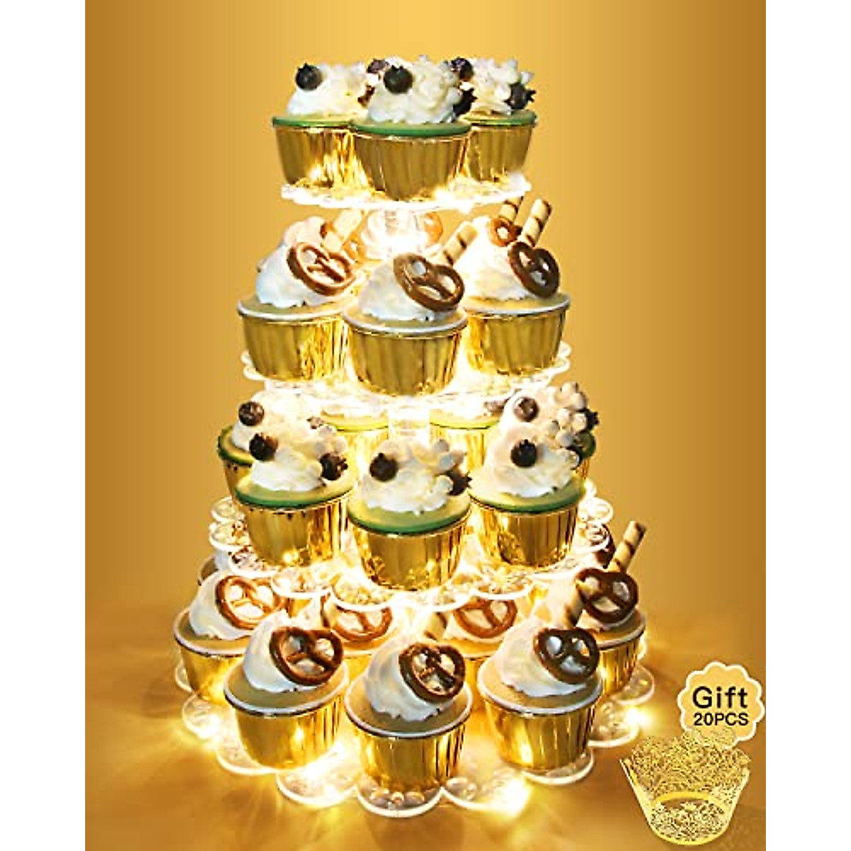 Sibeauty Cupcake Stand 4 Tier Round Acrylic Cupcake Display Stand with LED String Lights Cupcake Holder Stand Dessert Pastry Tower for Wedding Birthday Party