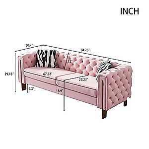 Melpomene Modern Button Tufted Velvet Sofa Chesterfield Sofa with Square Arm, Gold Metal Legs and 2 Throw Pillows for Living Room (Pink)