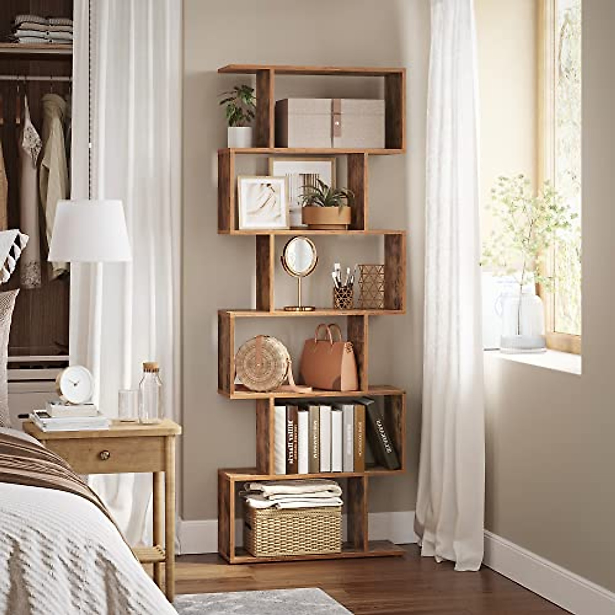 VASAGLE Bookshelf, 6-Tier Bookcase, Tall Display Shelf, Freestanding Divider, for Home Office, Living Room, Bedroom, Study, Rustic Brown