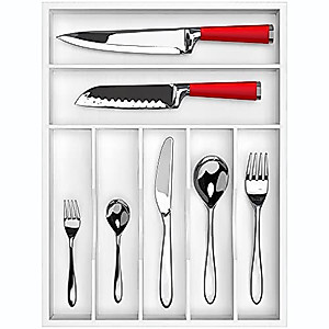 ROYAL CRAFT WOOD Luxury Bamboo Caddy Kitchen Drawer and Silverware Organizer, Utensil Holder and Cutlery Tray with Grooved Drawer Dividers for Flatware 7 Slot, White