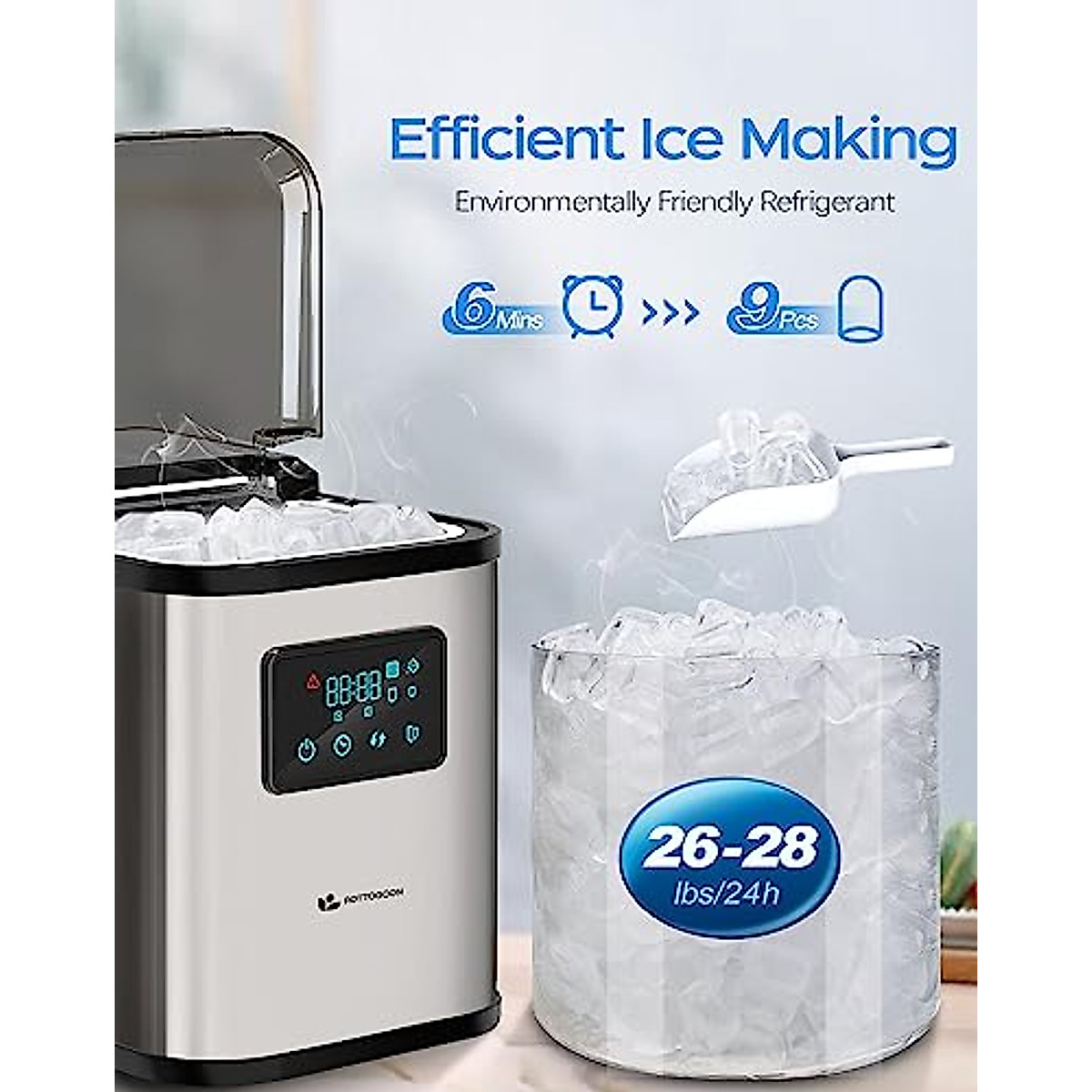 Ice Maker Countertop, Portable Ice Maker Machine, 28lbs/24Hrs, 6 Mins/9 Pcs Bullet Ice, Mini Ice Maker with Self Cleaning, Time Reservation Function, LED Display, Include Scoop & Basket, Stainless