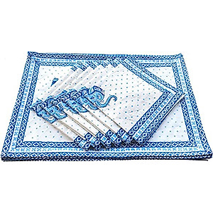 FIKIMOS Hand Block 100% Cotton Indian Style Theme Dining Table Mats and Napkins Set of 6 Place-mats Runners (Blue-03)