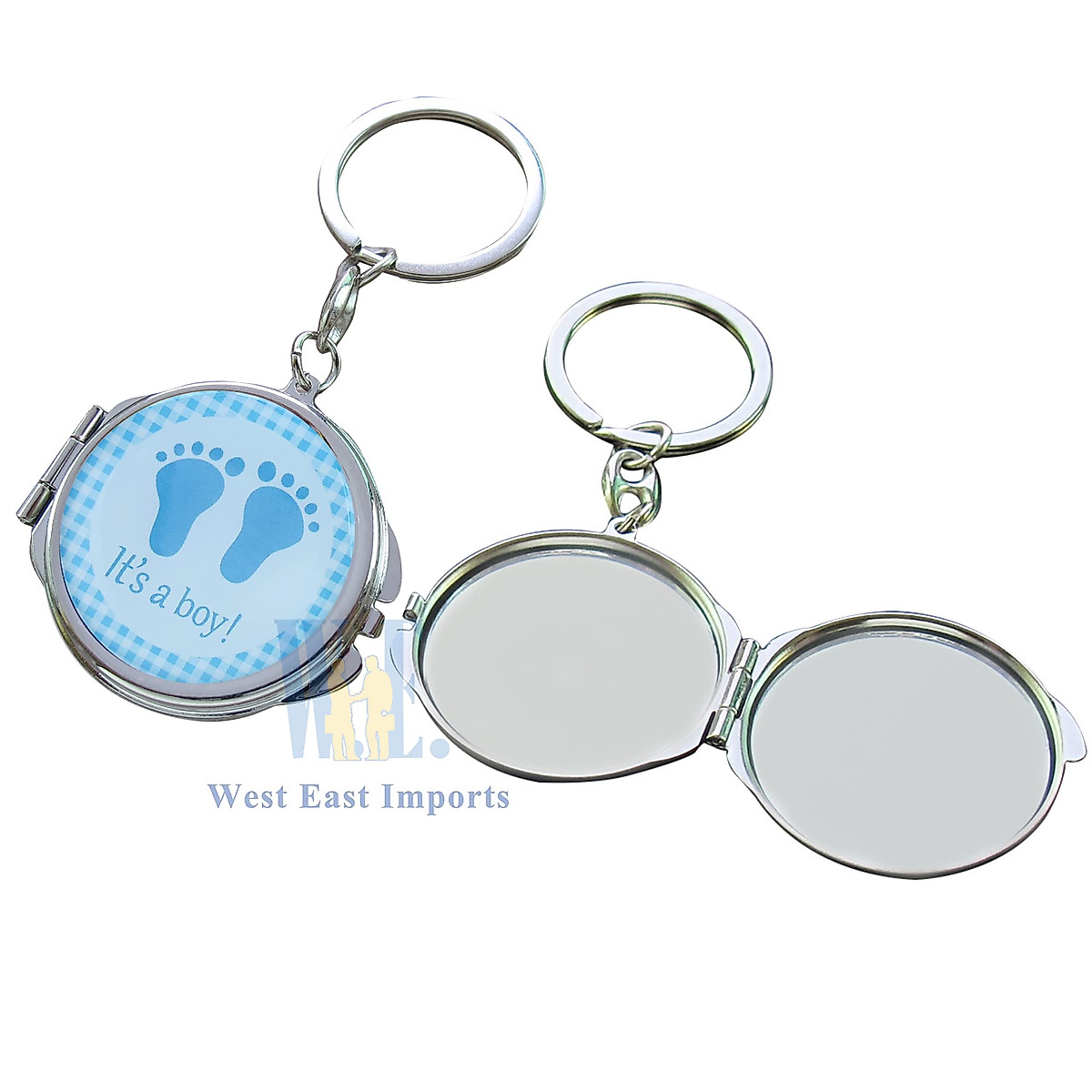 12 PCS Personalized Baby Shower Blue Boy Mirror Keychain Favors with Baby Footprint Design Custom Engraving Gift