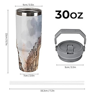 BWQJKUO Large Capacity Car Cup 30 Oz Stainless Steel Watercolor Paris Printed Travel Mug Leak-proof Flip Straw Tumbler with Handle,keeps Cold Or Ho