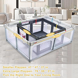 Baby Playpen, Playpen for Babies and Toddlers Indoor & Outdoor Kids Activity Center with 50 Ocean Balls Small Baby Playard Breathable Mesh Kids Safety Play Area, 47in x 47in (Dark Gray)