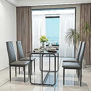 Lepfun Rectangular Tempered Kitchen Small Modern Glass Dining 4 with Wood Printed Transfer Metal Legs, Coffee Table for Living Room (Black)