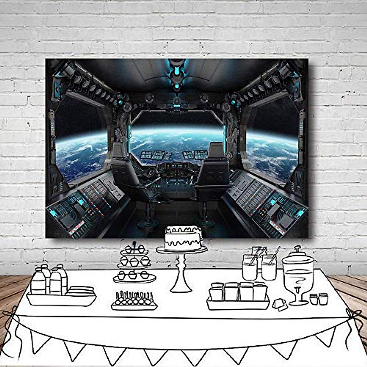 LYWYGG 7x5ft Vinyl Spaceship Interior Background Futuristic Science Fiction Photography Backdrops Spacecraft Cabin Photo Shoot Studio Props Astronomy Universe Galaxy Outer Space Station CP-37-0705