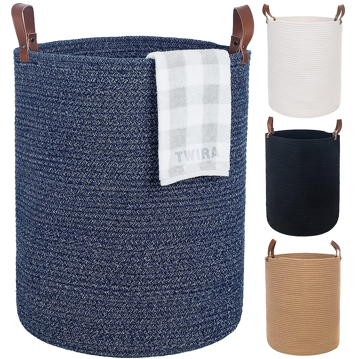 Twira Extra Large 20x16 Inches Cotton Rope Basket, Woven Baby Laundry Blanket Basket with Leather Handle Toy Basket Storage Baskets Bin for Yoga Mat & Towel (Blue）