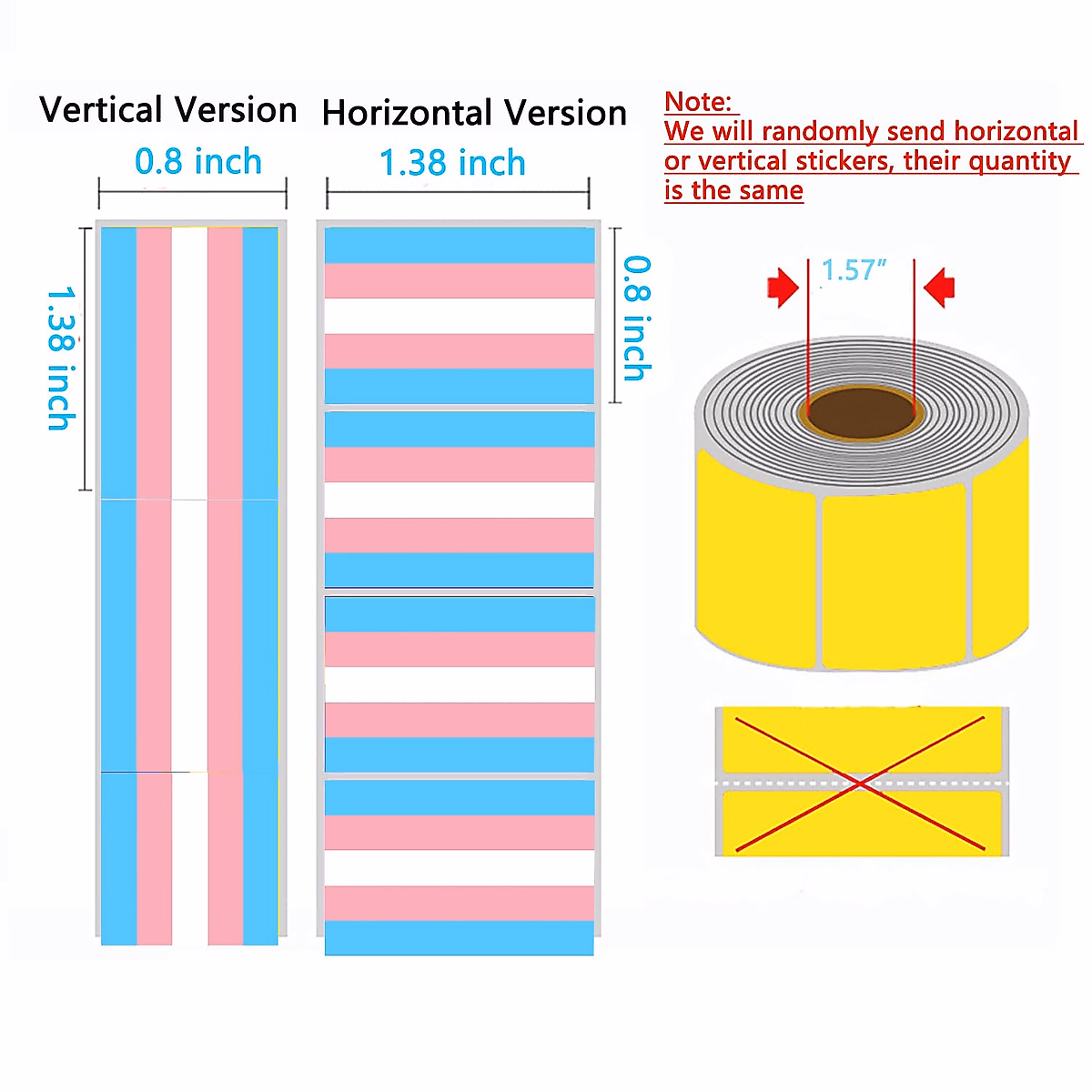 LGBTQ Pride Stickers, Transgender Flag Rectangle Self Adhesive Decal Waterproof Stickers for Parades and Events(1 Roll - 300 Stickers)