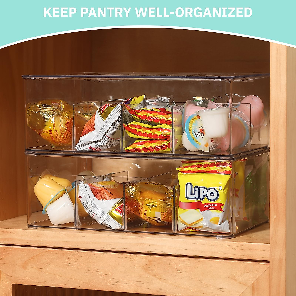 novelinks Clear Plastic Tea Bag Organizer Stackable Storage Organizer with Lid Divided Container Box with Lid for Kitchen Cabinet, Condiments,Countertop, Pantry, Hold Coffee Pods, 2 Pack