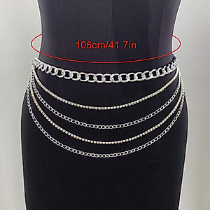Reetan Sparkly Rhinestone Chain Belt Layered Boho Waist Chain Rave Belly Chain Nightclub Body Jewelry Accessories for Women (Silver)