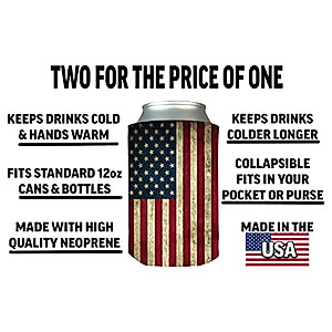 Rustic USA Flag Collapsible Beer Can Bottle Beverage Cooler Sleeves 2 Pack Gift Set