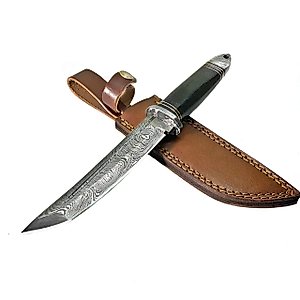 Titan International Knives 10' 1095 High Carbon Damascus Steel Fixed Knife with Black Canvas Micarta Scales Handle Japanese Style Tanto Blade with Leather Sheath for Camping Hunting and Outdoor Activities
